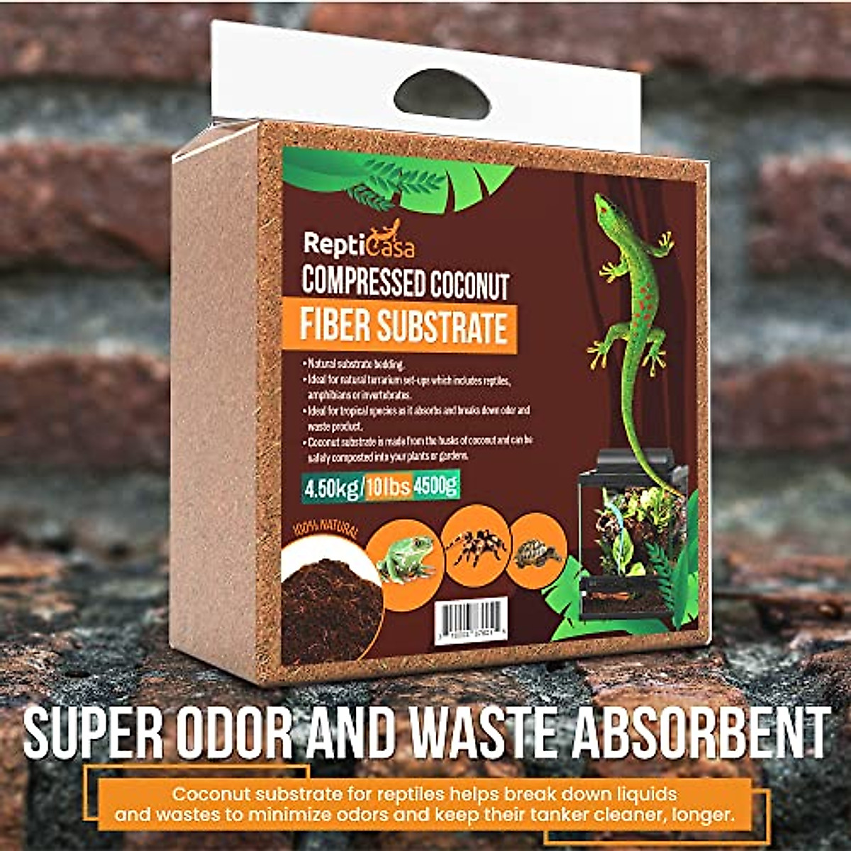 ReptiCasa Compressed Coconut Fiber Substrate, 10 lb. Block, Natural Husk Terrarium Bedding, Reptiles, Frogs, Snakes, or Tortoise, Odor and Waste Absorbent Compostable, Organic with High Expansion