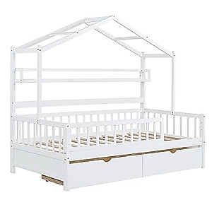 Twin Size House Bed with 2 Drawers and Shelf, Wood House Bed Frame with Roof Design and Safety Guardrail, Montessori Bed for Girls Boys Bedroom, Can be Decorated (White + Wood-A39)