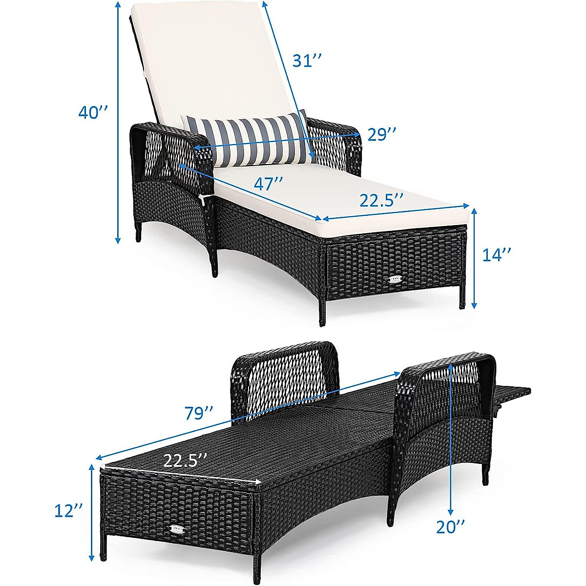 HAPPYGRILL 2 Patio Chaise Lounge Chair Set Outdoor Rattan Wicker Recliner with Thick Cushion, Lumbar Pillow, Adjustable Backrest for Garden Porch Lawn Poolside