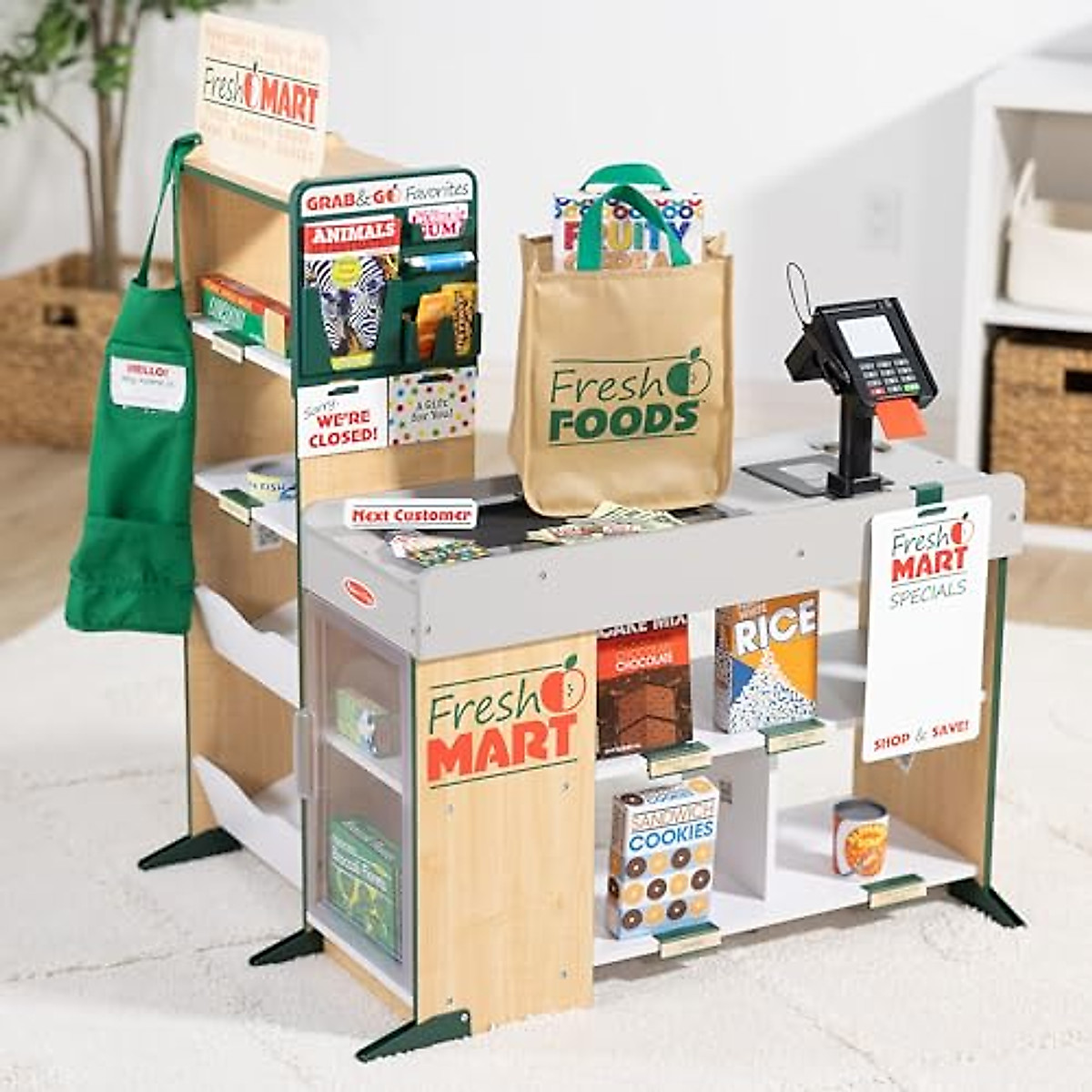 Melissa & Doug Fresh Mart Grocery Store Play Food and Role Play Companion Set - Kids Pretend Grocery Shopping For Kids Ages 3+