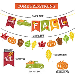 CAVLA Hello Fall Banner and Glittery Maple Leaves Pumpkin Acorns Patterns Banner Autumn Harvest Bunting Banner with Pumpkin Truck Signs Fall Thanksgiving Party Banner for Wall Mantel Fireplace Party
