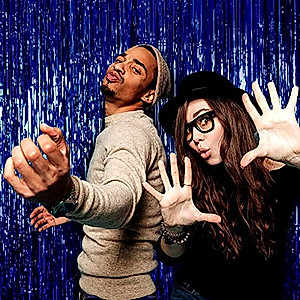 HalloweenDecorate 4 Pack Blue Foil Fringe Curtain Backdrop, 3.28Ftx8.2Ft Metallic Tinsel Streamers for Sea Party, Photo Booth Props, Birthday, 2022 Summer Ocean Theme Party Decoration Supplies