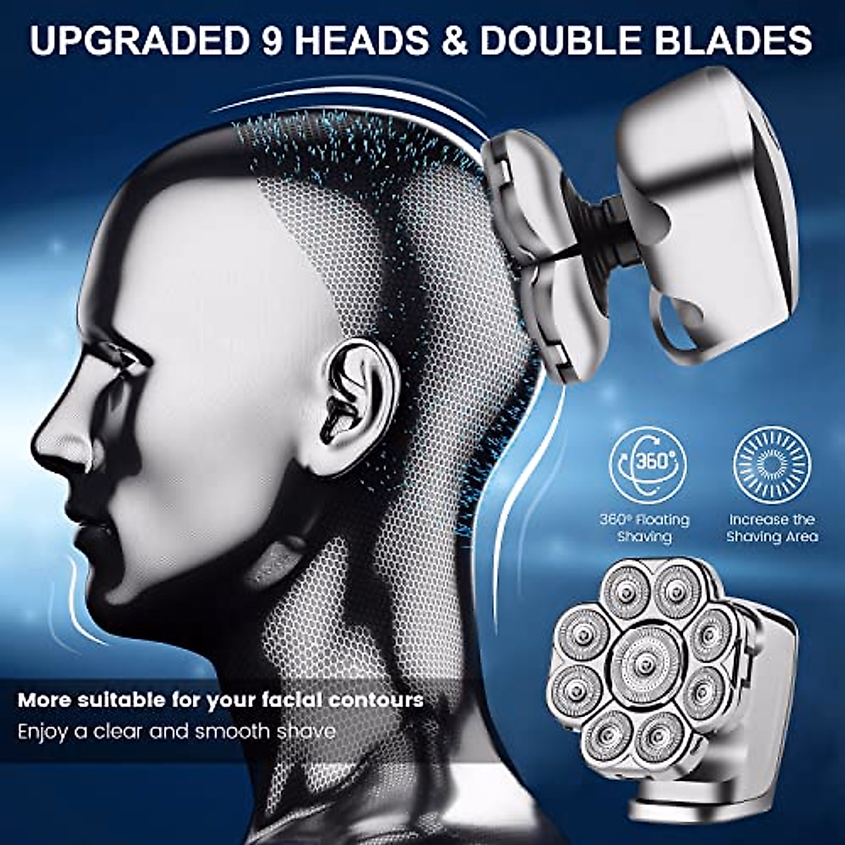 HIENA PRO Head Shavers for Bald Men, 9D 6-in-1 Bald Head Shavers for Men, Cordless Rechargeable LED Display Mens Head Razors for Bald, Ipx 7 Waterproof Wet Dry Rotary Travel Shaver, USB Charge