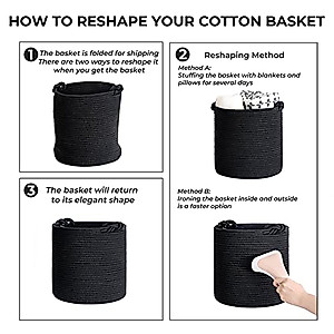 Goodpick 3 Pack Cube Woven Rope Storage Bins for Closet and Shelf Organization, Black Decorative Round Baskets for Toys, Towels, Socks, Clothes, 11 x 11 inches