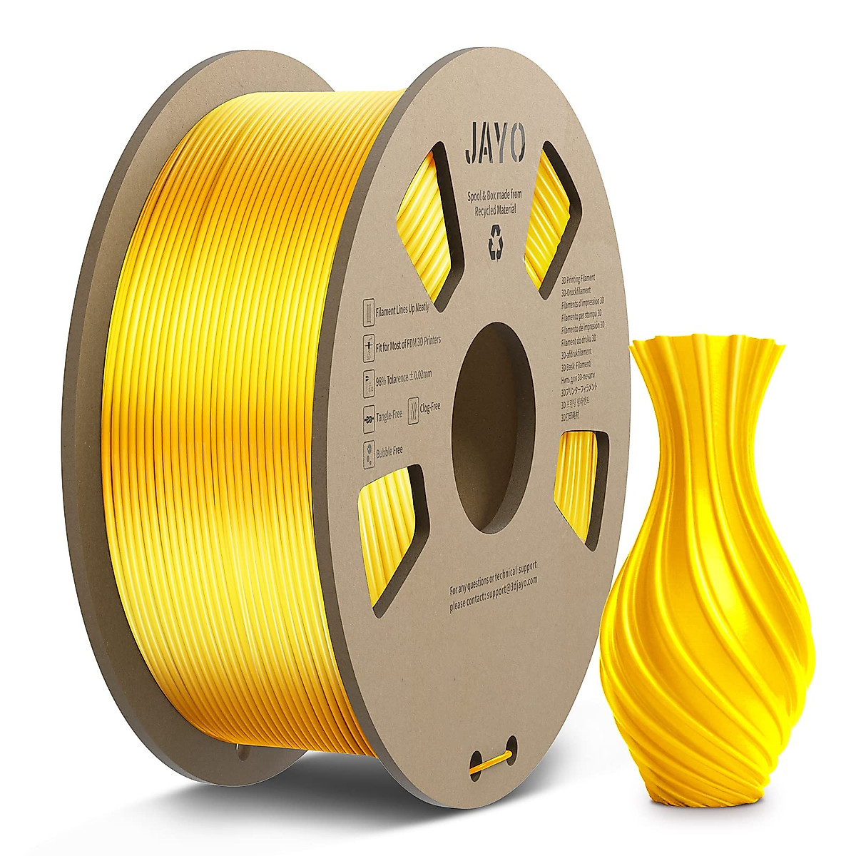 Silk Shiny PLA 3D Printer Filament 1.75mm, JAYO Silk PLA 0.65kg Spool 3D Printing Material, Silky Shine Surface, Neatly Wound Filament, Fits for Most FDM 3D Printers, Light Gold 650g
