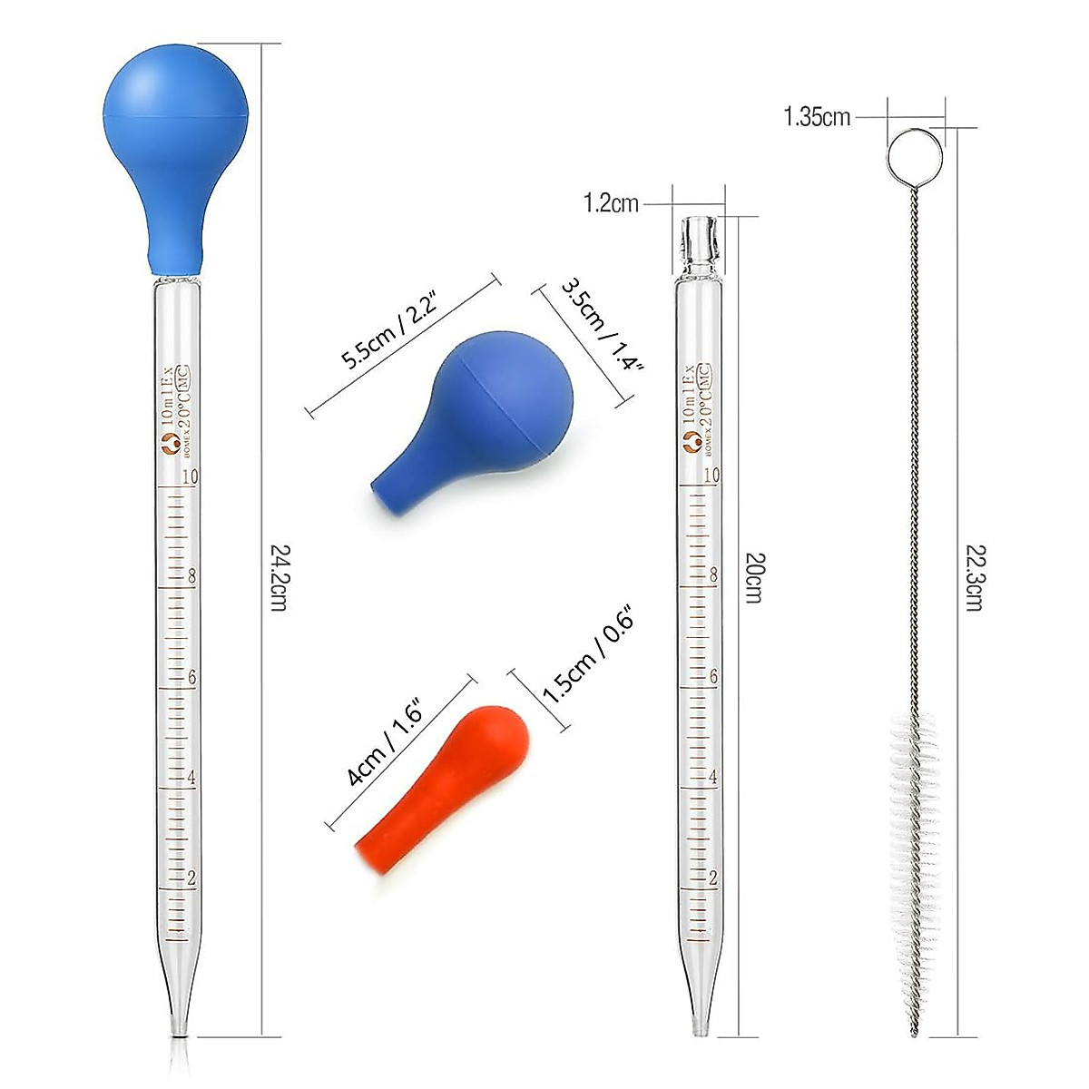 Glass Pipettes, ZEEROQOLAB 6pcs Glass Graduated Lab Pipettes 0.5ml,1ml,2ml,3ml,5ml,10ml, with 2pcs Glass Graduated Cylinder 5ml, 10ml, 2pcs Droppers Brush and 2pcs Glass Stir Sticks