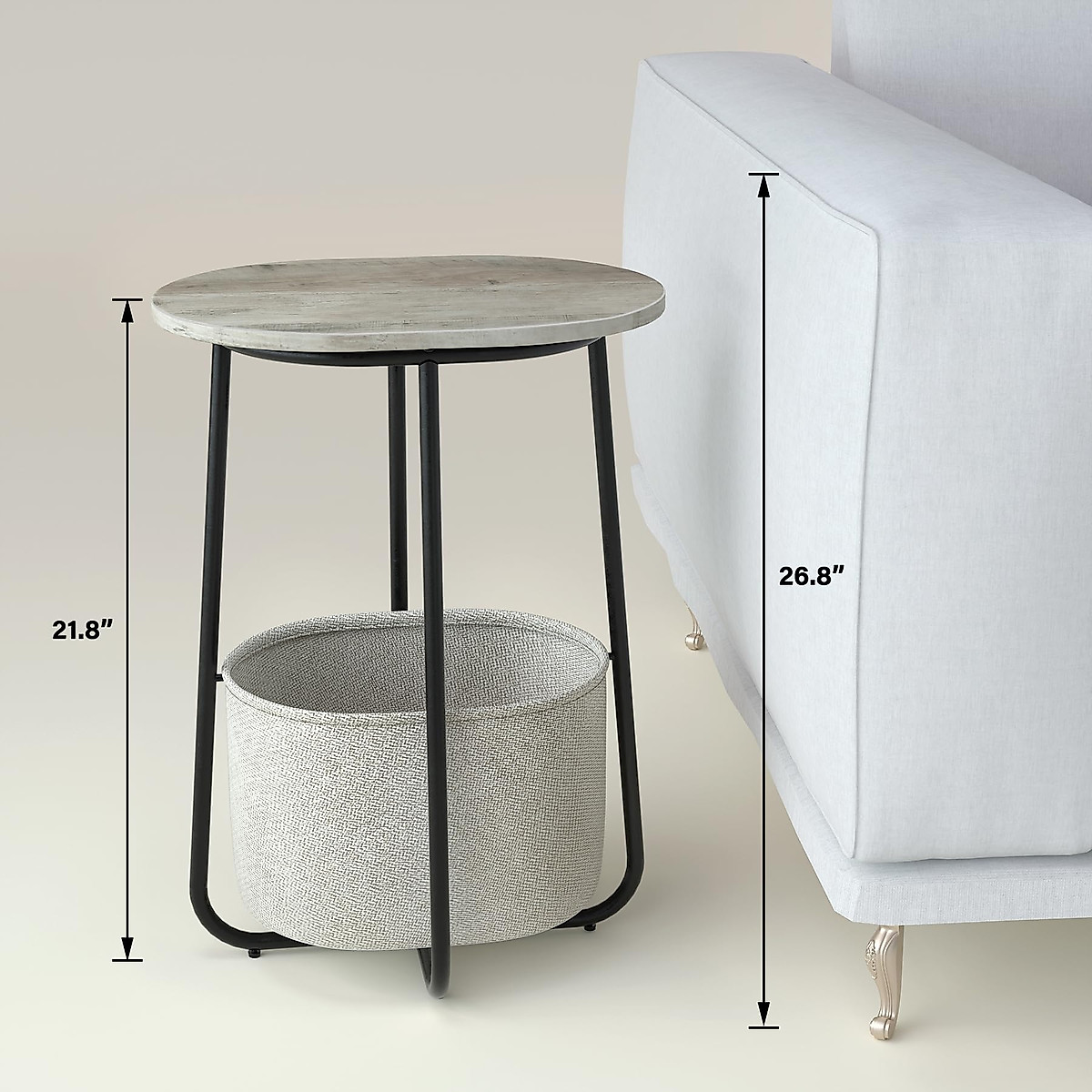 TUTOTAK Small Side Table, Oval End Table, Night Stand, Bedside Table, Sofa Table with Cloth Storage Basket, Living Room, Bed Room, Greige TB01BG063
