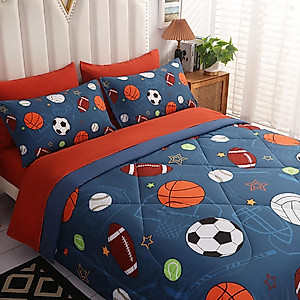 lwfushi Sports Comforter Set Blue Ball Bedding Set Full Size Baseball Basketball Soccer Tennis Bed Set for Teens Kids (1 Comforter,1 Flat Sheet,1 Fitted Sheet,2 Pillowcase and 2 Pillow Sham)