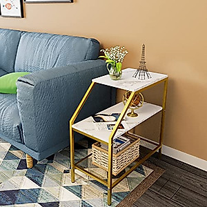 Wolawu End Table 3 Tiers White Marble Wood Nightstand with Storage Ladder Shelf Sofa Side Table for Small Space Modern Trapezoid Furniture Plant Stand in Living Room Bedroom Gold