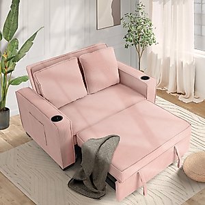 SEJOV 52" Convertible Sofa Bed, 3-in-1 Sleeper Sofa Pull-Out Bed, Multi-Functional Corduroy Futon Couch with Adjustable Backrest and Cup Holders, Loveseat Sofa for Small Space, Living Room, Pink