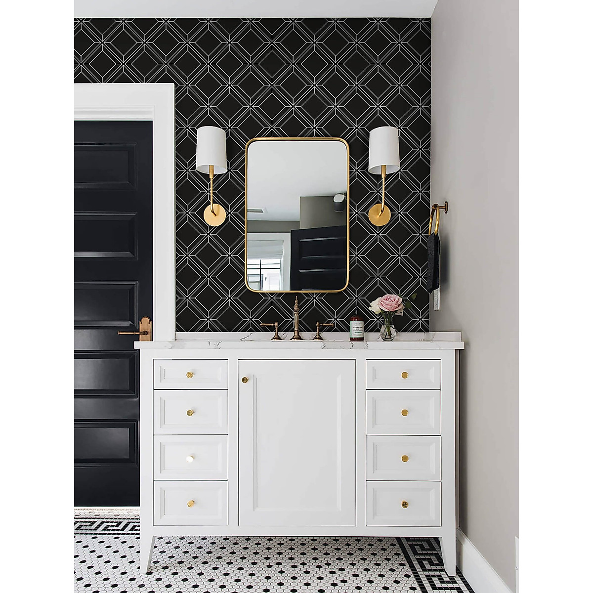 Heroad Black Wallpaper Peel and Stick Geometric Contact Paper Black and White Removable Wall Paper Modern Contact Paper for Cabinets and Drawers Waterproof Self-Adhesive Vinyl Roll 17.3” x 78.7”