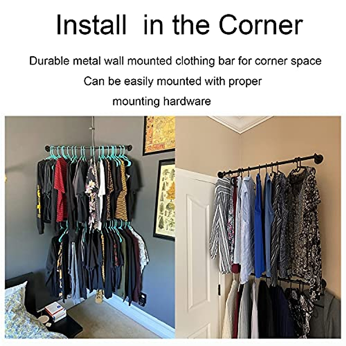 MYOYAY Corner Garment Rod 34in 2 Pack Industrial Pipe Clothes Hanging Bar Angle Adjustable Wall Mounted Clothes Rack Black Space Saving Metal Dryer Rails