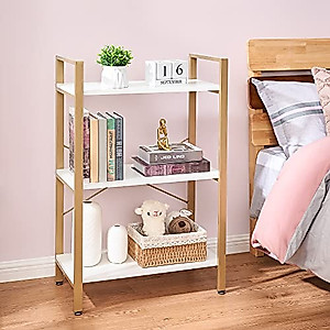 BEWISHOME 3 Tier Bookshelf Open Organizer, White Small Bookshelf for Small Spaces, Modern Wooden Storage Bookcase with Gold Metal Frame for Bedroom Living Room and Home Office JCJ42M