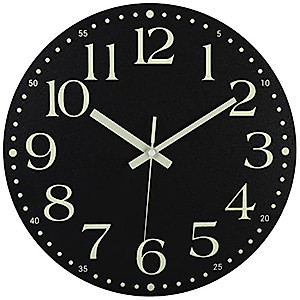 JoFomp Wooden Glow in The Dark Clock, 12 inch Silent Non-Ticking Battery Operated Clock, Energy-Absorbing Luminous Numerals and Hands, Lighted Wall Clock Decoration for Bedroom Living Room