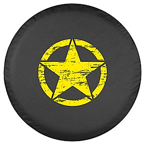 Boomerang - 32" Distressed Star - Spare Tire Cover - (Black Denim Vinyl) for Jeep Wrangler JK (2007-2018) - Yellow Print - Made in The USA