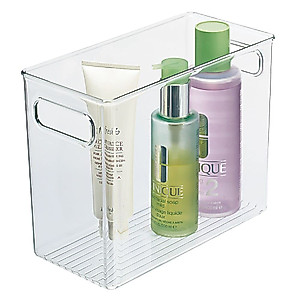 mDesign Slim Plastic Storage Container Bin with Handles - Bathroom Cabinet Organizer for Toiletries, Makeup, Shampoo, Conditioner, Face Scrubbers, Loofahs, Bath Salts - 5" Wide, 2 Pack - Clear