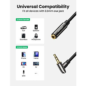 UGREEN 3.5mm Headphone Extension Cable Right Angle Aux Extender Stereo Jack Male to Female Earphone Lead Nylon Cord Compatible with Smart TV, Car Radio, PC, MacBook, Speaker, MP3 Player, Phone, 6FT