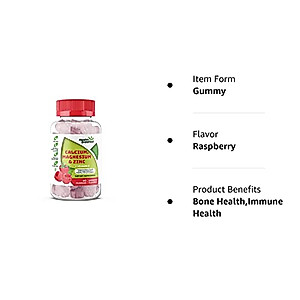 Calcium Magnesium & Zinc + Vitamin D Gummies | Bone Health Immune Health Energy and Muscle Function | Daily Dietary Vitamin Supplement | for Adults, Teens | Fruity Raspberry Flavor