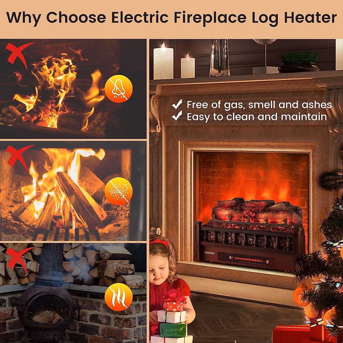 COSTWAY Eternal Flame Electric Fireplace Log, 20-inch Fireplace Insert Log Heater with Realistic Pinewood Ember Bed, Adjustable Temperature, Infrared Electric Fireplace Log for Home Decor, Black 1500W