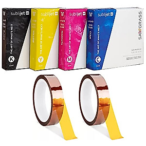 Sawgrass SG500 Sublimation Ink Cartridges Sublijet UHD - Bundle with 2 Rolls Sublimax Heat Resistant Tape (SG500 Ink Cyan Yellow Magenta Black)