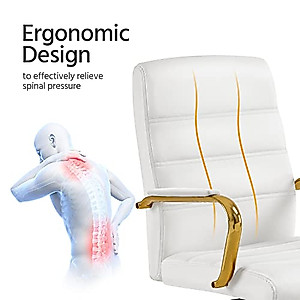 Yaheetech Mid-Back Office Chair PU Leather Desk Chair Adjustable Executive Task Chair w/Lumber Support Gold Leg White Seat
