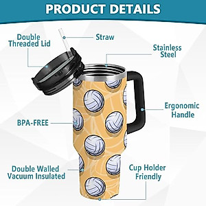 Exnundod Seamless Volleyball Ball Tumbler with Handle 30oz and Straw Insulated Tumblers Leak-proof Water Bottle for Car Travel