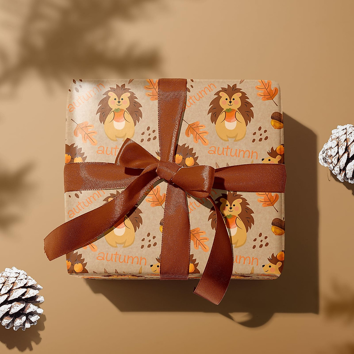 WRAPAHOLIC Kraft Fall Wrapping Paper - Mini Roll - 3 Rolls - 17 Inch x 120 Inch - Pumpkin, Hedgehog and Thanksgiving Lettering Design for Thanksgiving, Autumn, Party, Holiday