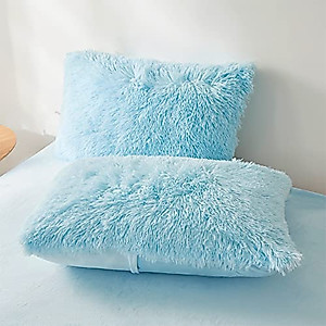 Fluffy Blue Comforter Cover Set Queen - Ultra Soft Plush Blue Bedding Sets 3 Pieces (1 Faux Fur Duvet Cover + 2 Faux Fur Pillow case) Blue Bed Set Queen (Blue, Queen)