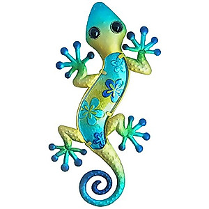 Comfy Hour Spring Is Here Collection 14" Green Blue Metal Art Gecko Wall Décor, Lizard Home Decoration