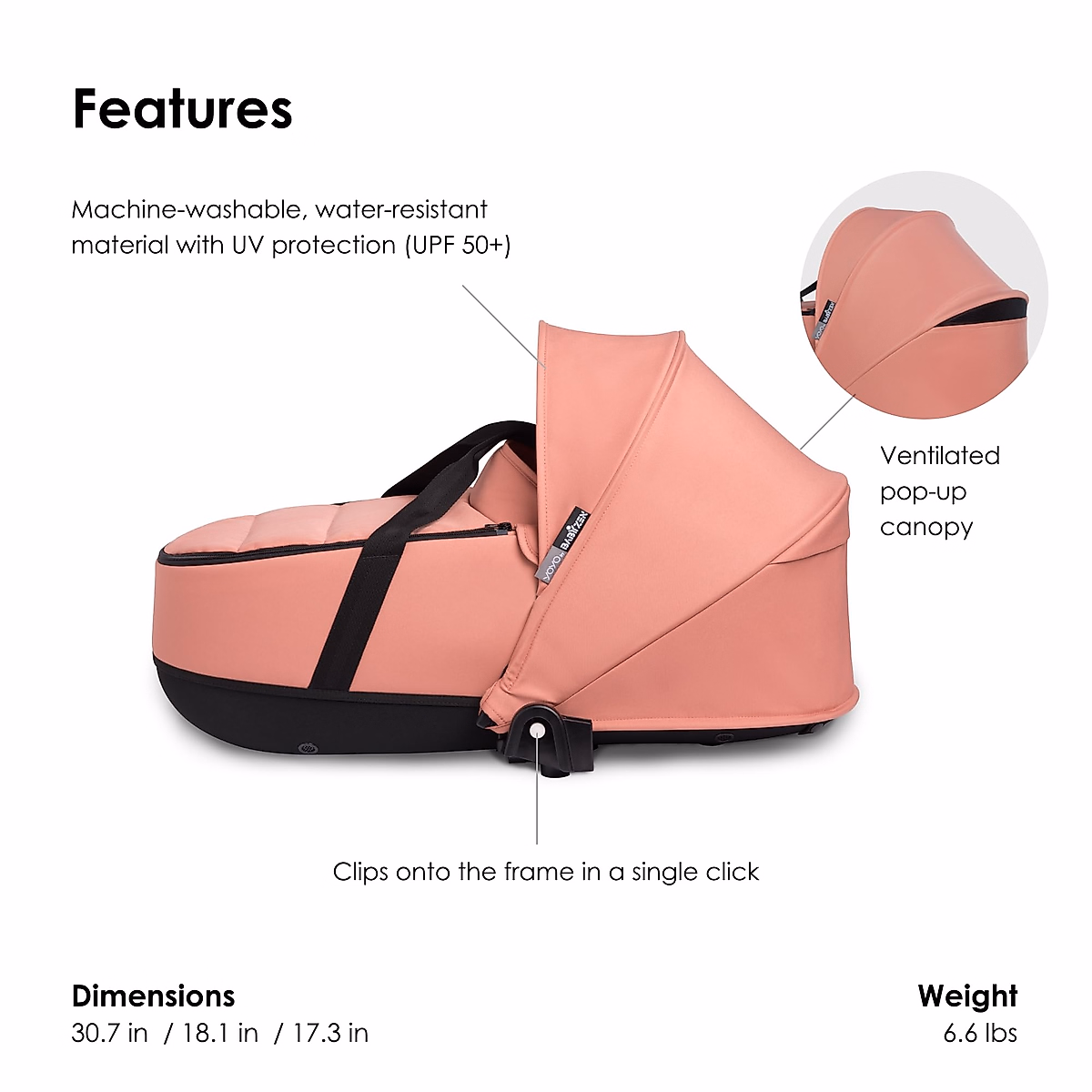 Babyzen YOYO 0+ Bassinet, Ginger - Includes Thick Double Mattress, Ventilated Shell & Canopy - Requires YOYO2 Frame (Sold Separately)