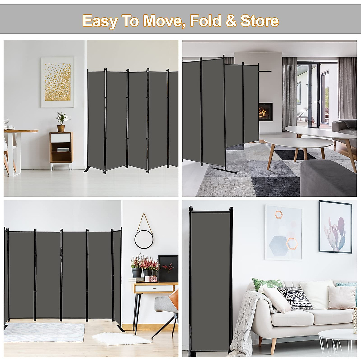 MAYOLIAH 6 Panel Folding Privacy Screen 9ft Wide, 6ft Tall Partition Room Divider Portable Office Walls Dividers Room Separator, Grey