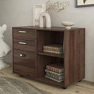 Warmiehomy Mobile Lateral File Cabinet with Smart Lock 3 Drawer Lateral File Cabinet with Open Storage Shelf Rolling Wood Office Filing Cabinet fits A4/Letter/Legal Size (Rustic Brown)