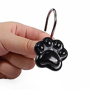Black Decorative Shower Curtain Hooks: Cute Lovely Funny Cat Dog Bear Animal Paw Print Shower Curtain Rings Hooks & Hangers for Kids Children Bathroom Décor - Set of 12
