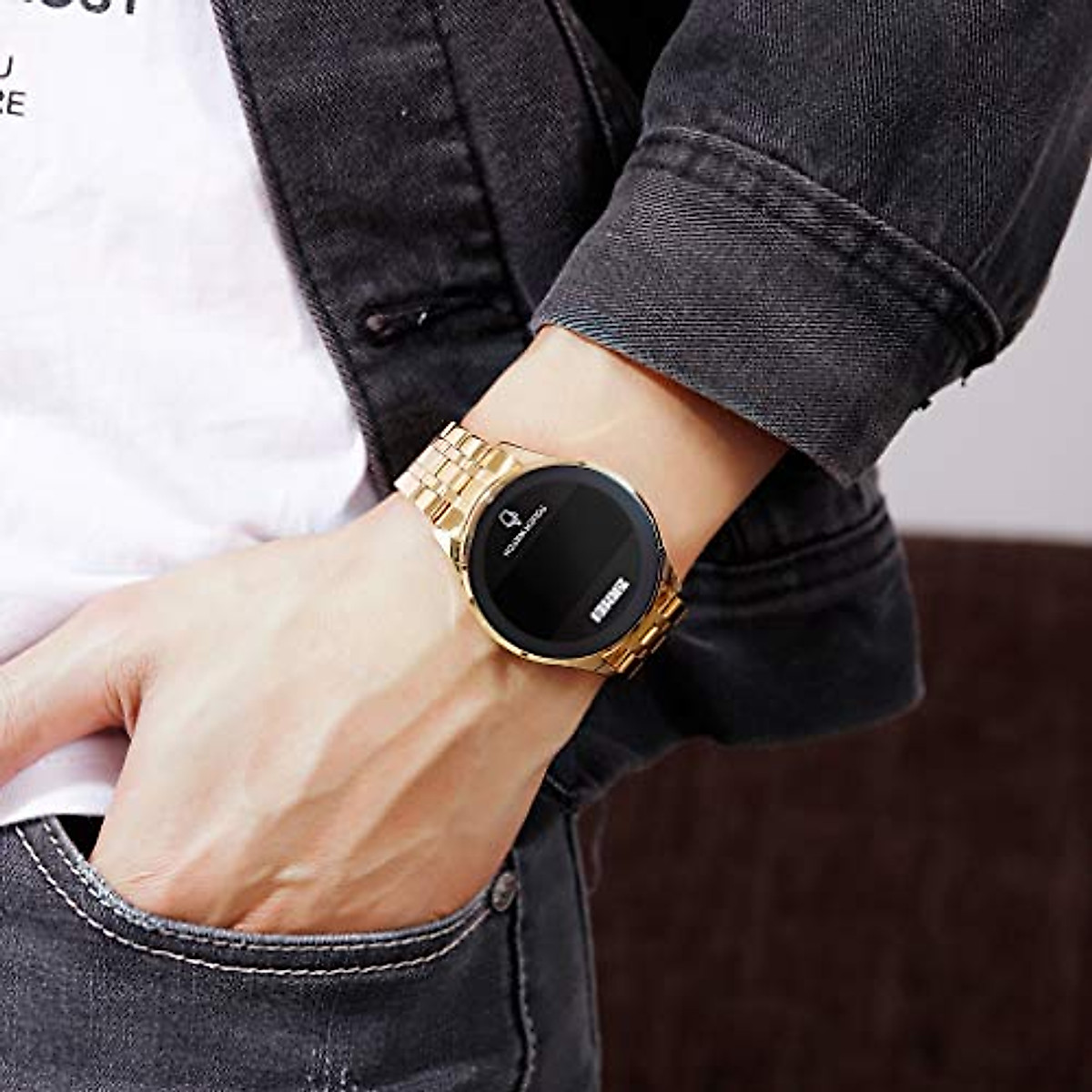 PASOY Touch Screen Digital LED Watch Green Highlight Backlight Stainless Steel WatchBand Waterproof Casual Sport Mens Womens Boys Watch (Gold)