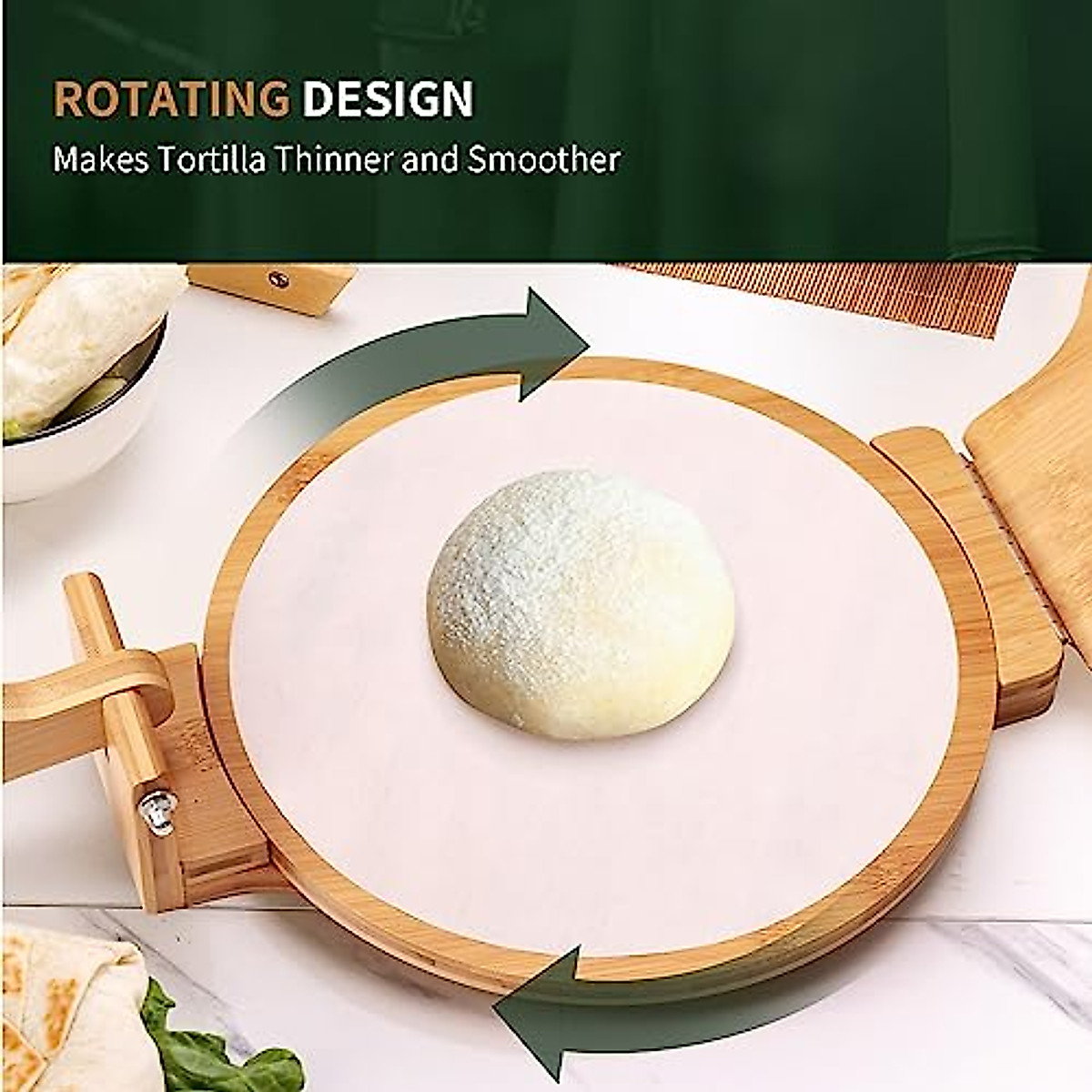 Ackitry Rotatable Tortilla Press 10 Inch, Bamboo Tortilla Press Maker with 100 PCS Parchment Paper for Homemade Mexican Tortillera, Roti, Chapati, Taco, Pataconera, Burritos and Dough Press
