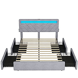 ADORNEVE LED Full Size Bed Frame with Storage Drawers, Upholstered Platform Bed Frame Full with LED Lights and Charging Station, Sturdy Wooden Slats Support, No Box Spring Needed, Light Grey