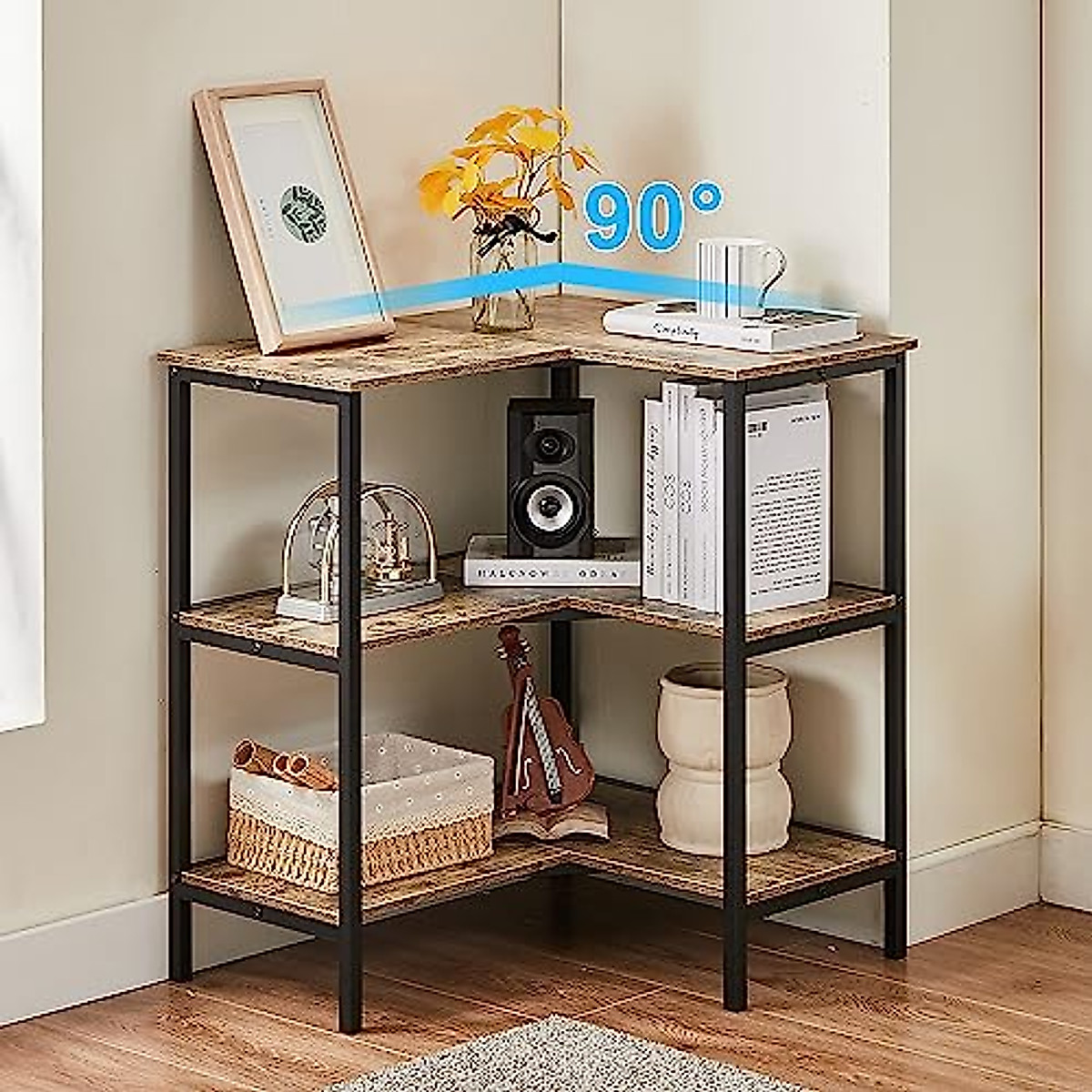 VECELO Corner Cabinet Table with 3 Tier Open Shelf, Multipurpose Display Organizer Storage Stand, for Small Space Living Room Home Office Kitchen,Grey