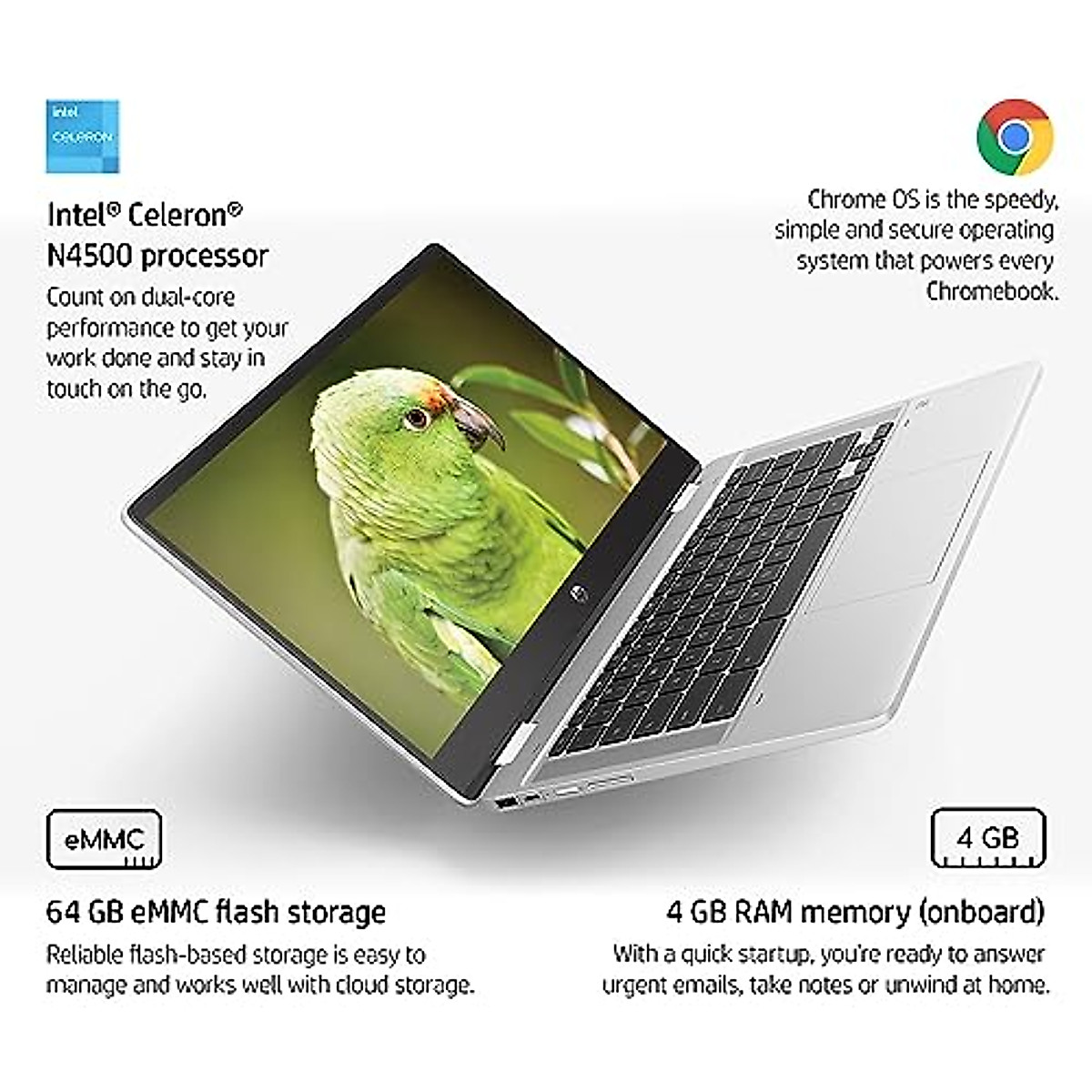HP Chromebook X360 14b 14/inch HD 2-in-1 Touchscreen(Intel Celeron N4500,4GB RAM,128GB Storage(64GB eMMC + 64GB SD Card),Webcam)Home&Education Laptop,13.5-Hr Battery Life,IST SD Card,Chrome OS Silver