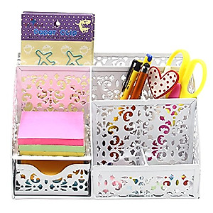 EasyPAG Desk Organizer Caddy with 6 Compartments and 1 Sliding Drawer Desktop Accessories Office Supplies Holder for Home School Classroom,White