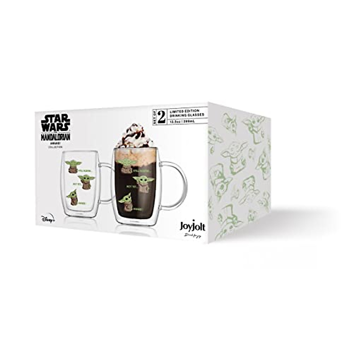 JoyJolt Awake! Grogu Coffee Mug Set of 2 Double Wall Mug. 13.5oz Large Espresso Cups, Cappuccino or Latte Cup. Mandalorian Star Wars Mugs, Insulated Coffee Mug, Clear Glass Cups Coffee Cup Set