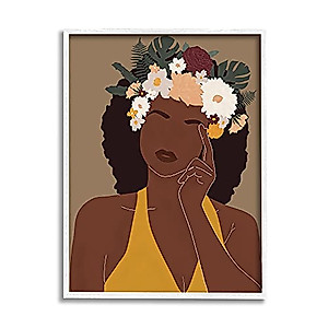 Stupell Industries Female Pondering Tropical Floral Crown Monstera Leaf, Designed by JJ Design House LLC White Framed Wall Art, 24 x 30, Brown