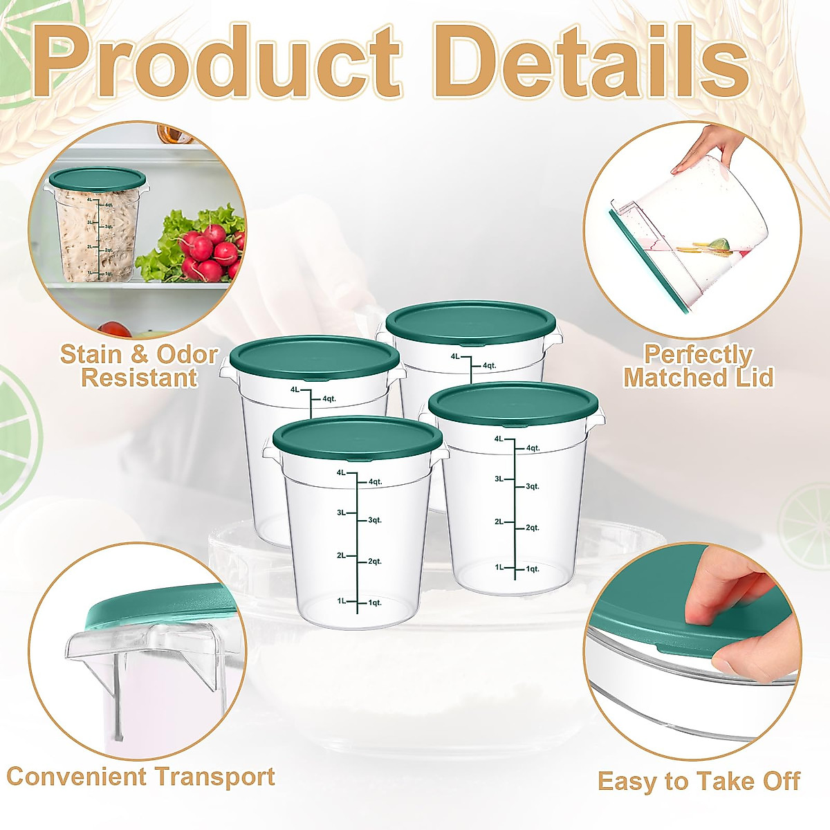 Suclain 4 Pcs 4 Qt Food Storage Container Bucket with Lids Clear Proofing Containers for Dough Rise Bread with Scale Handle Round Flour Commercial Storage Bucket for Home Restaurant Food(Green)