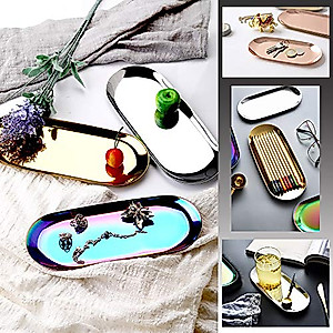 2 Pack 9in Stainless Steel Storage Tray, Premium Metal Organizer Plate to Hold Fruit, Tea, Cosmetics, Jewelry, Oval Stainless Steel Towel Tray for Vanity, Bathroom, Closets (Silver)