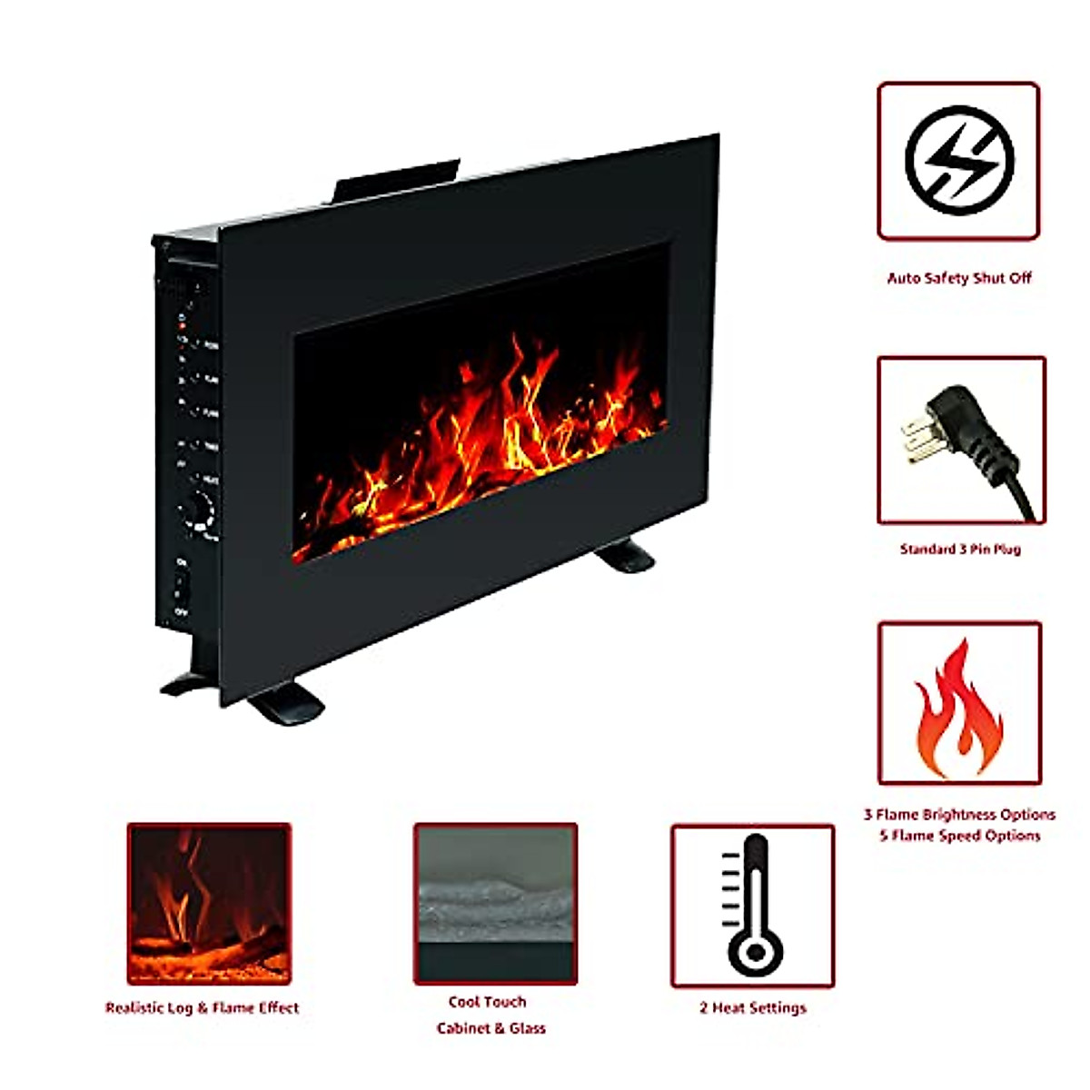 Jarka&Co 34 Inch Wall Mounted Electric Fireplace, Freestanding or Hanging Portable Room Heater with Remote