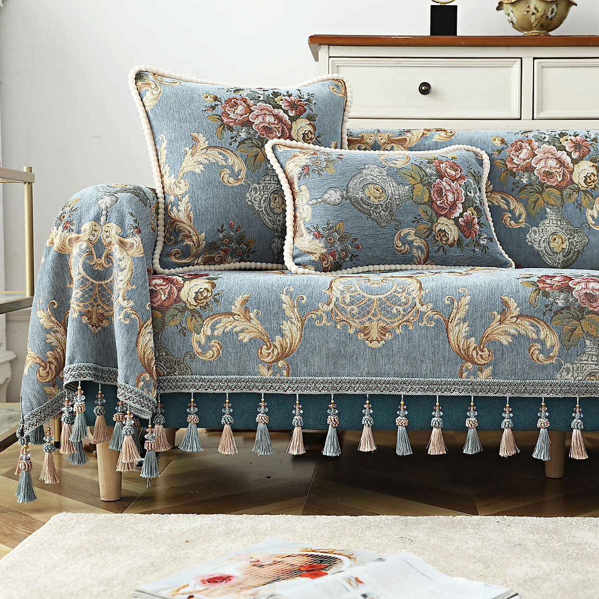 AiWinsure Couch Cover Blanket with Tassels Sofa Covers Loveseat Armchair Sectional Furniture Slipcover for Dogs Cats 3 Cushion Chenille Jacquard Flower One Piece (Blue,4 Seater-190 * 350cm)