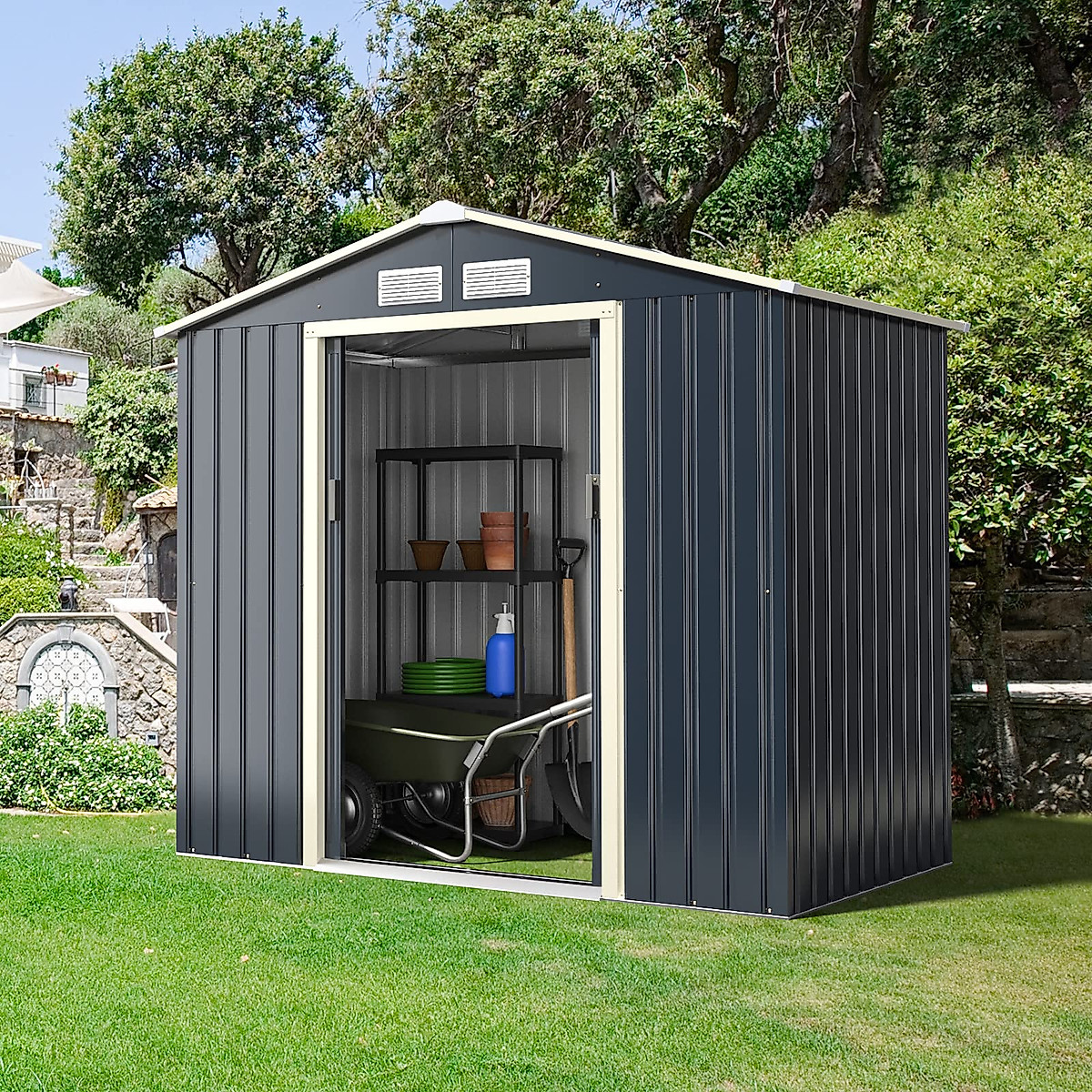 Goplus Outdoor Storage Shed, 7' X 4' Metal Garden Shed with 4 Vents & Double Sliding Door, Utility Tool Shed Storage House for Backyard, Patio, Lawn