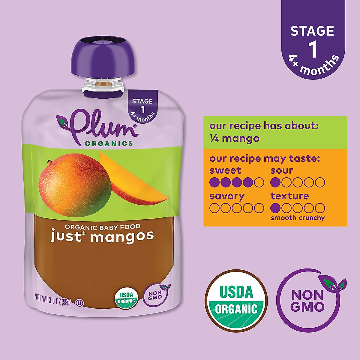 Plum Organics Stage 1 Organic Baby Food - Just Mangos, Just Prunes, and Just Peaches Variety Pack - 3.5 oz Pouch (Pack of 18)