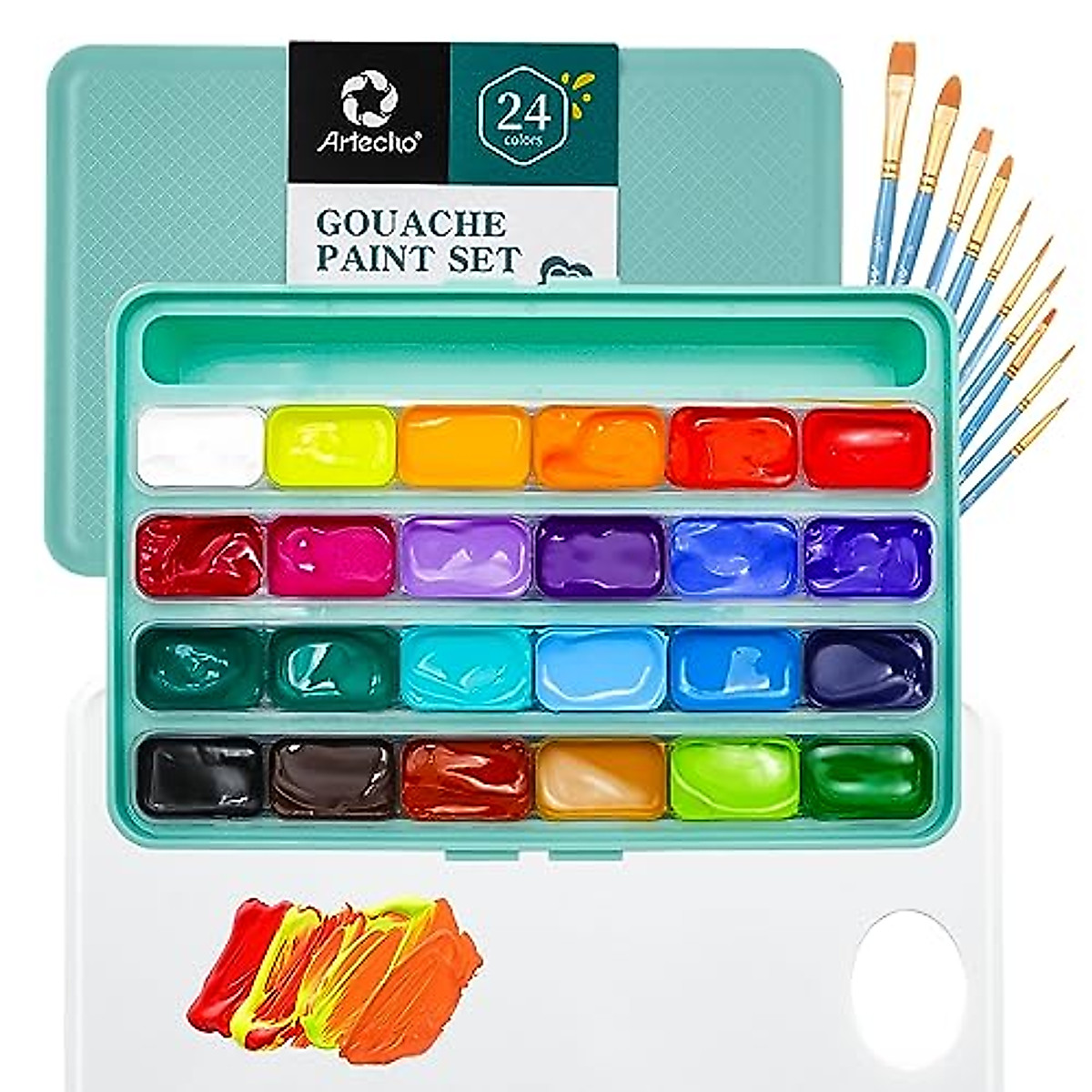 Artecho Gouache Paint Set, 24 Colors (30ml/1oz) with 10 Brushes & a Palette,Non-Toxic, Guache Paint for Canvas Painting - Professional Art Supplies for Artists, Students, Beginners, and Adults
