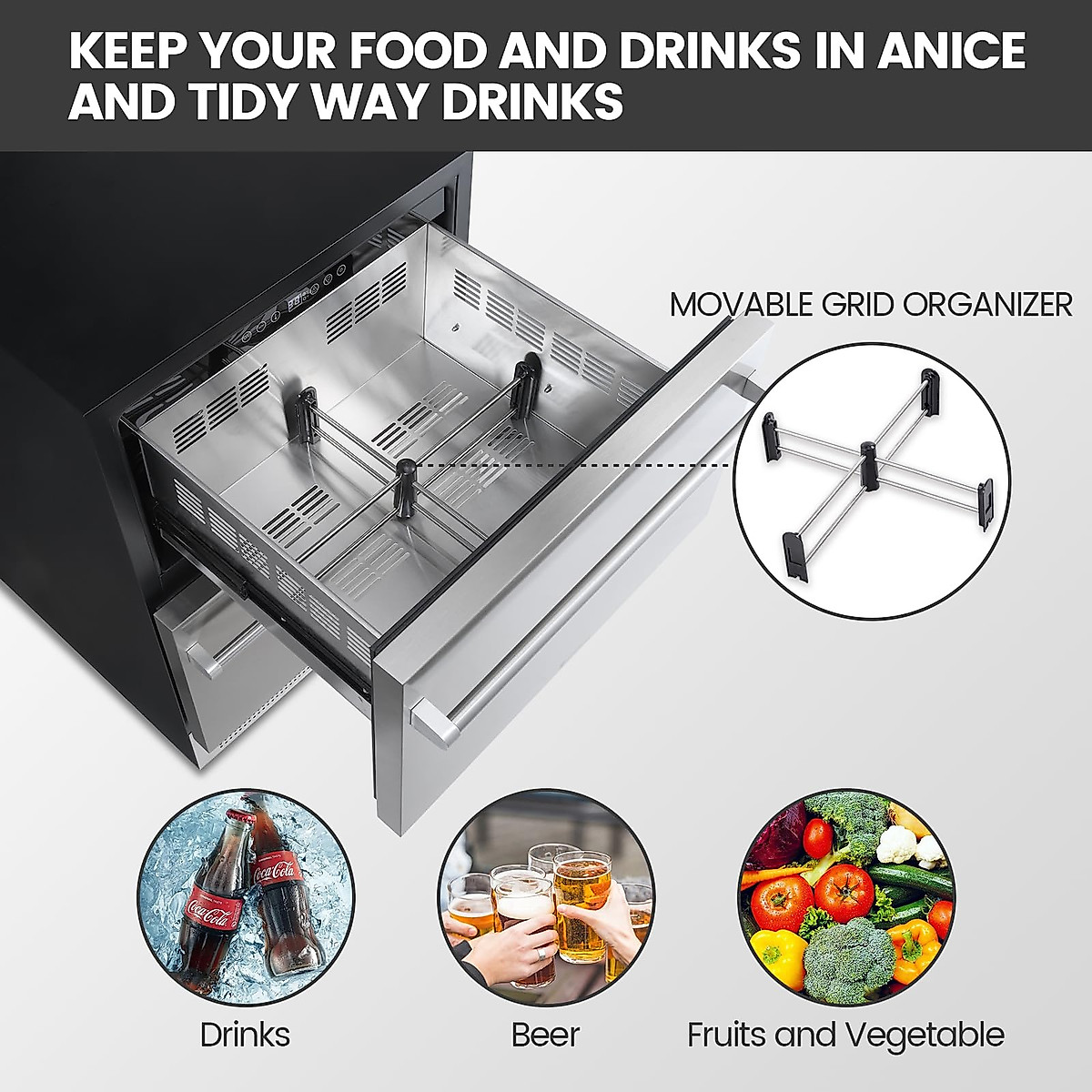 WINEBOSS 24 inch Beverage Refrigerator, Under Counter Double Drawer Fridge for Drink Soda Beer, Freestanding & Built-in Stainless Steel Beverage Cooler for Home and Outdoor Commercial Use