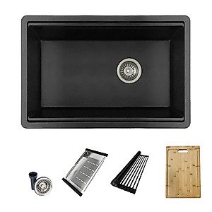 STYLISH 28 x 18 inch Workstation Dual Mount Granite Composite Single Bowl Reversible Kitchen Sink with Regular Strainer, Colander, Drying Rack and Cutting Board (Black) S-828WN